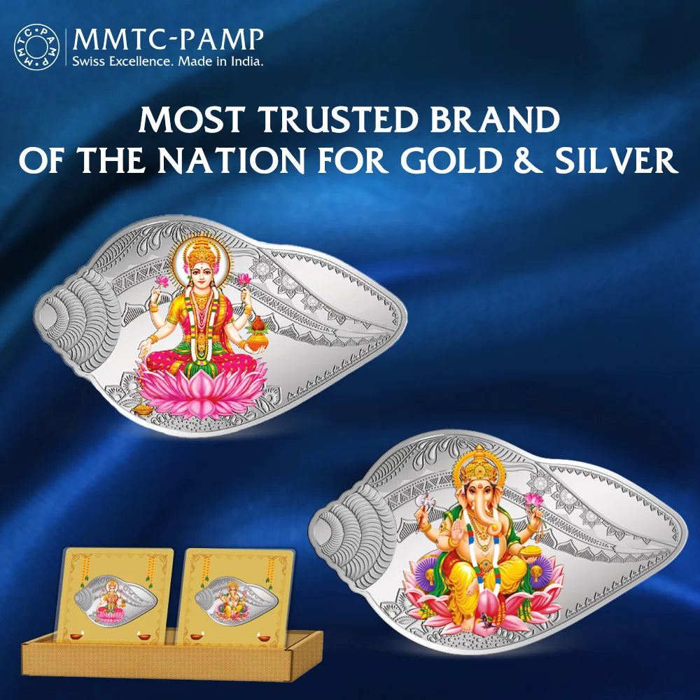 Pure Silver Shankh Shape Ganesh Lakshmi 50 Gram Coin Set by MMTC - PAM